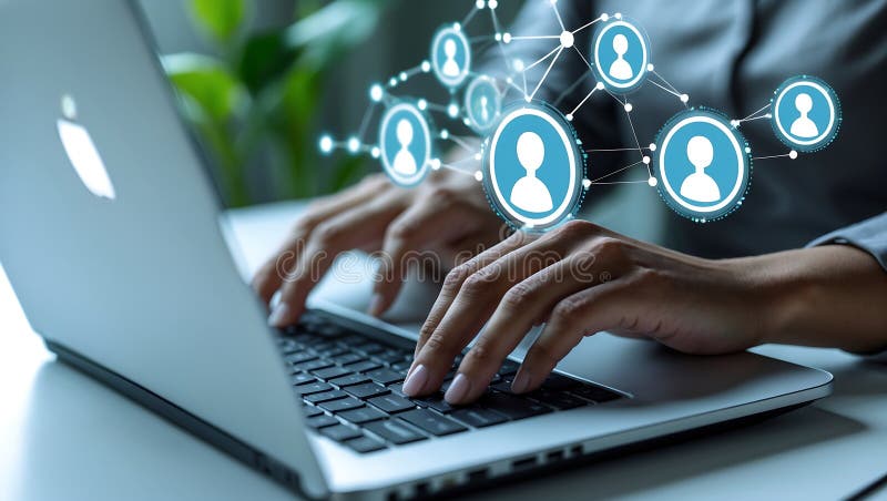 Connecting through Technology Network with Person Icons on Laptop ...