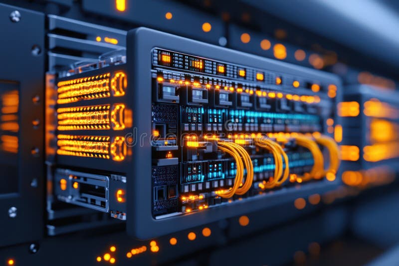 Connecting Technology: Network Switch, Computer Server, and Cable for ...