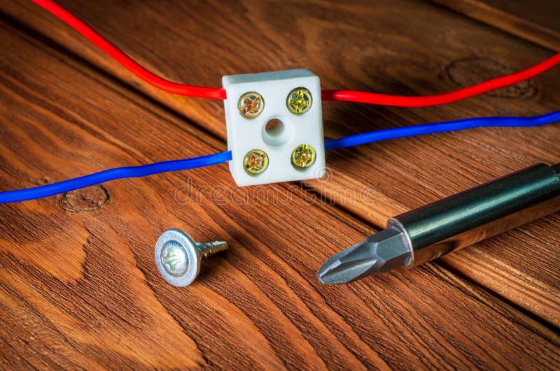 Connecting Wires Using a Plastic Clip on a Wooden Table Stock Image ...