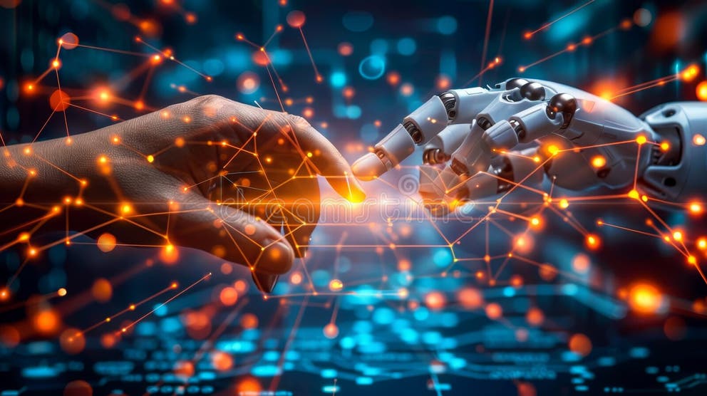 Connection Beyond Borders Human and Robotic Hands Reach Across Glowing ...