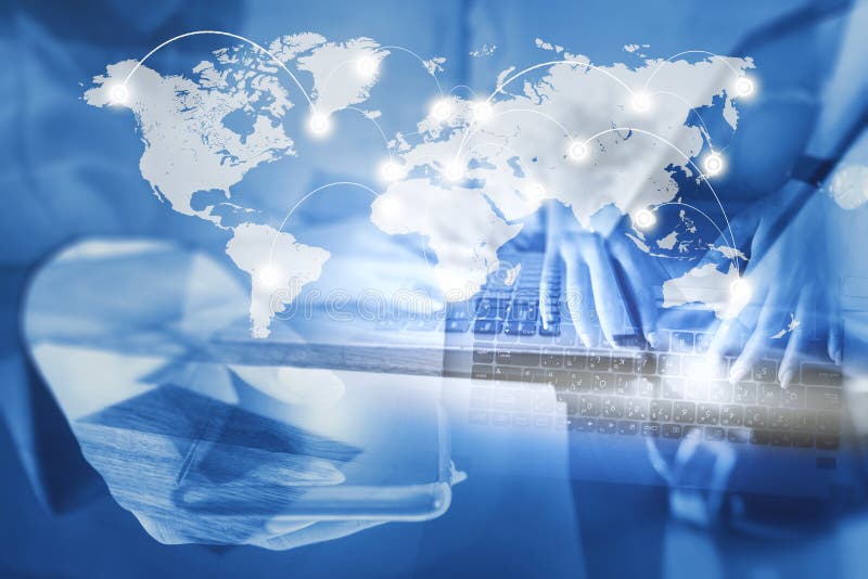 Connection Concept, Double Exposure Working with Smart Mobile Ph Stock ...