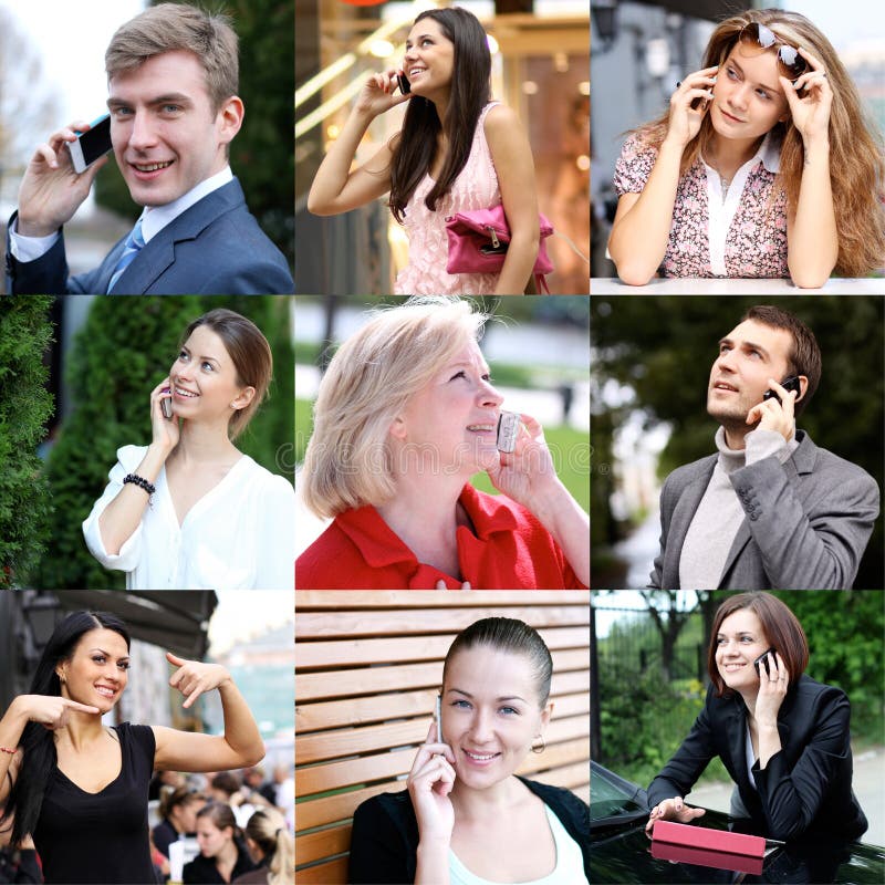 Connection Concept. People with Mobile Phone Collage Stock Photo ...