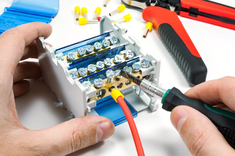 Connection Electric Cross-terminal To The Power Cable On A White ... Connection Electric Cross-terminal To The Power Cable On A White ...