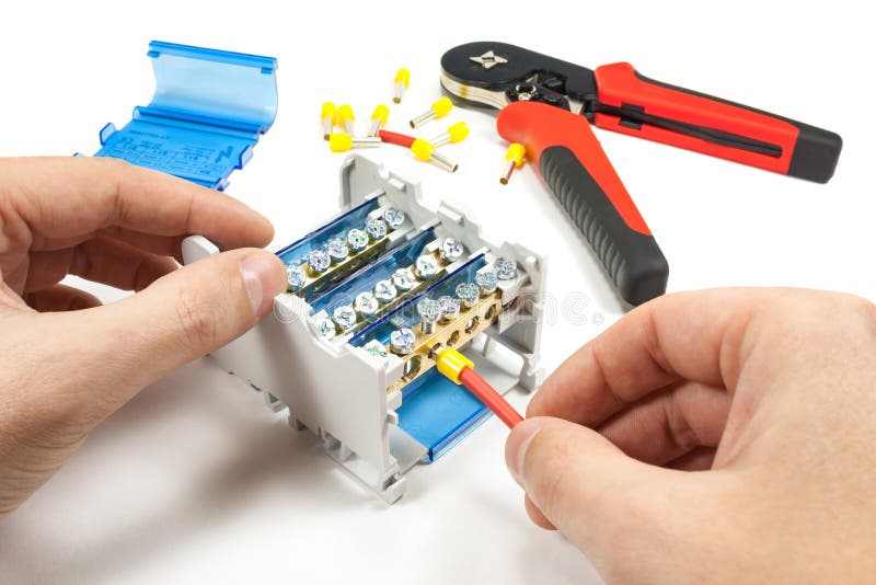 Connection Electric Cross-terminal To The Power Cable On A White ... Connection Electric Cross-terminal To The Power Cable On A White ...