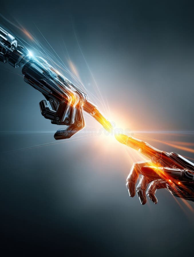 Connection between Human and Robot Hands Creating Energy in a Luminous ...