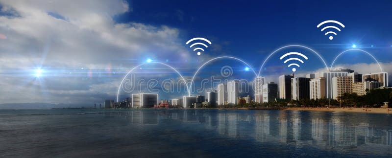 Connection, Internet and City Landscape at Night for Networking. Web ...