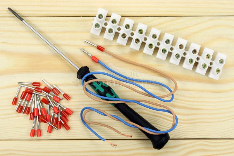 Connector of Wires on a Wooden Table Stock Image - Image of building ...