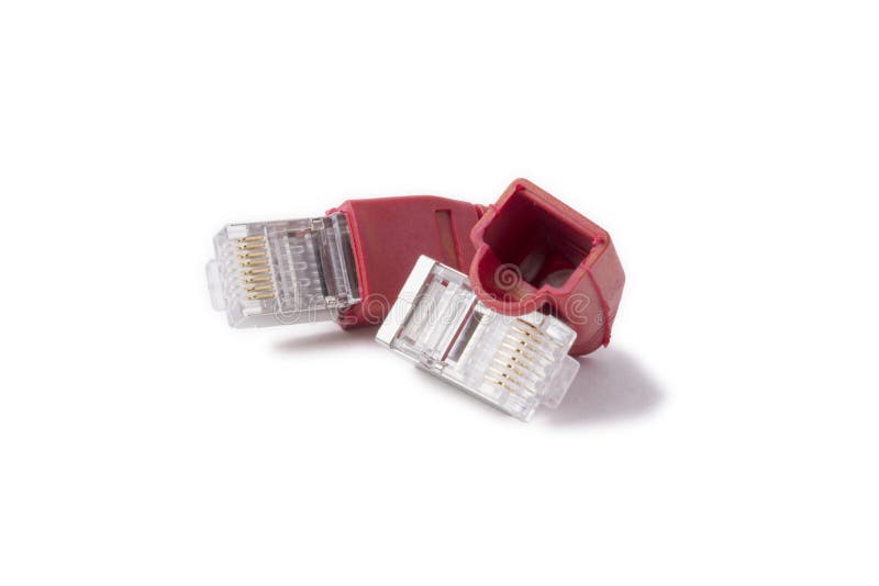 Connectors RJ45 6 Category with Red Caps on a White Background Stock ...