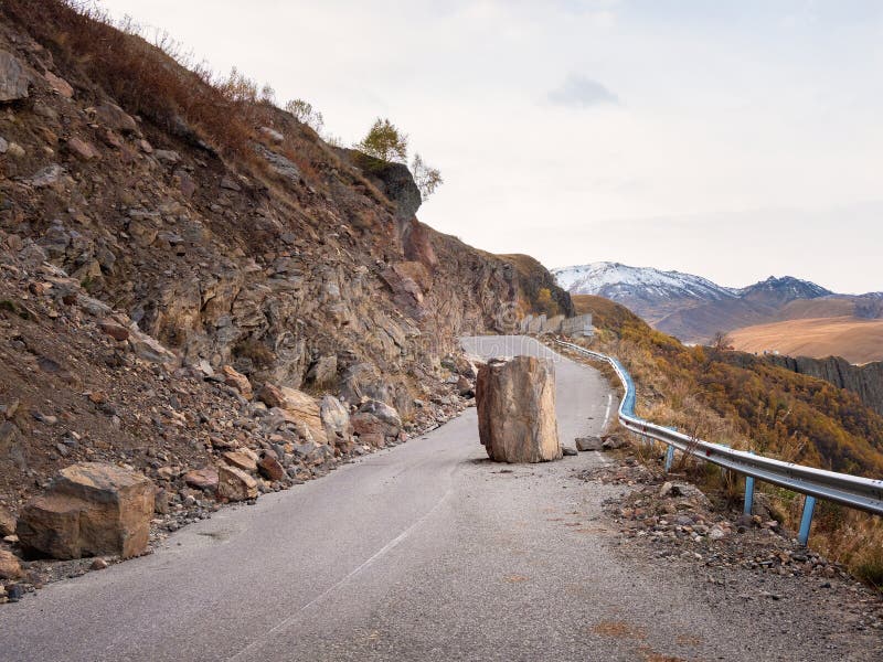 The Consequences of an Earthquake on a Mountain Highway. Large Granite ...