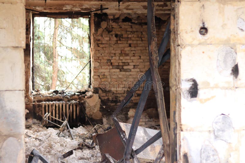 Consequences of Explosion, Fire in the Room Stock Image - Image of ruin ...