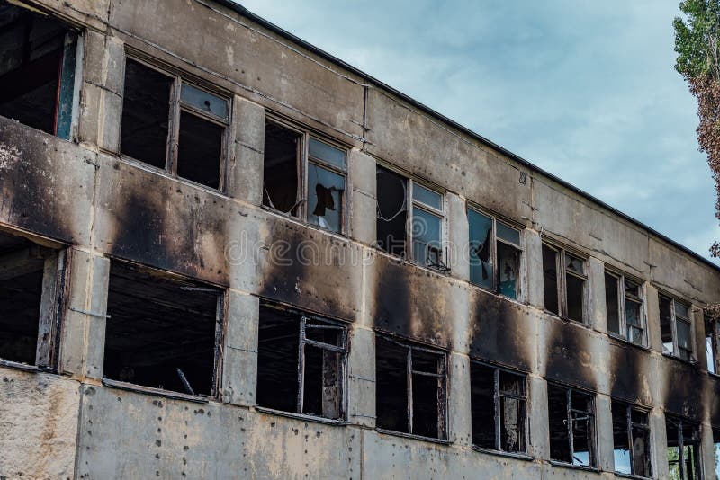 Consequences of Fire. Burnt Industrial or Office Building Stock Photo ...