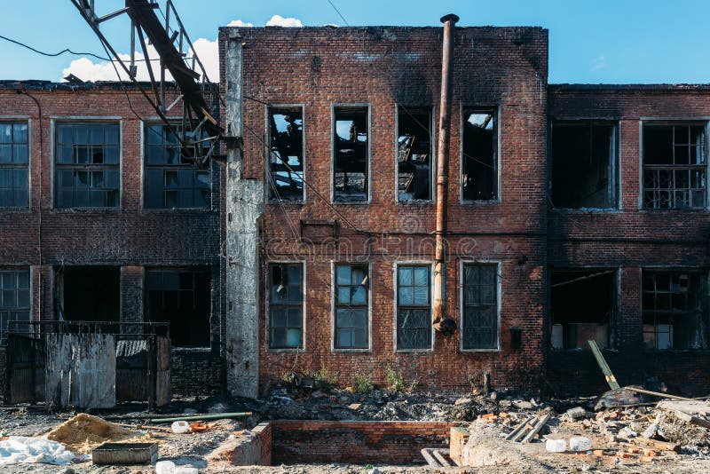 Consequences of Fire. Burnt Industrial or Office Building of Red Brick ...
