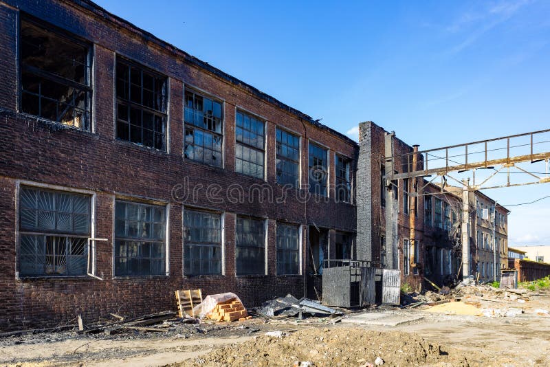 Consequences of Fire. Burnt Industrial or Office Building of Red Brick ...