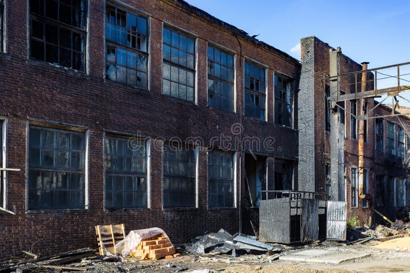 Consequences of Fire. Burnt Industrial or Office Building of Red Brick ...