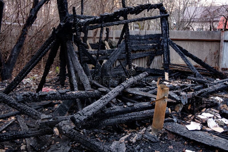 Consequences of Fire. Completely Burnt Wooden House Stock Image - Image ...