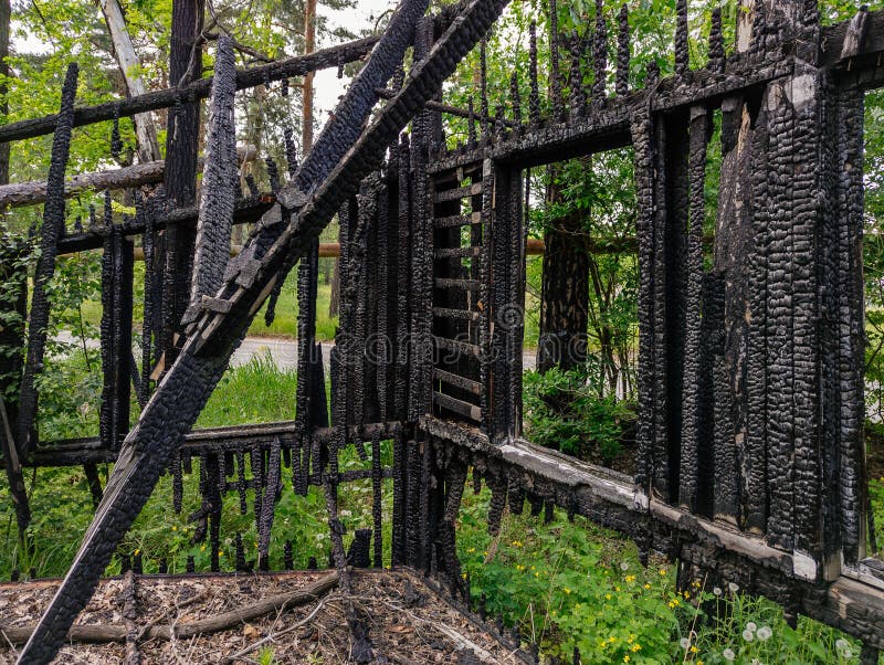 Consequences of Fire. Completely Burnt Wooden House Stock Image - Image ...