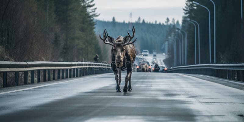 Conservation of Wild Animals. Elk Crossing the Road. Generative AI ...