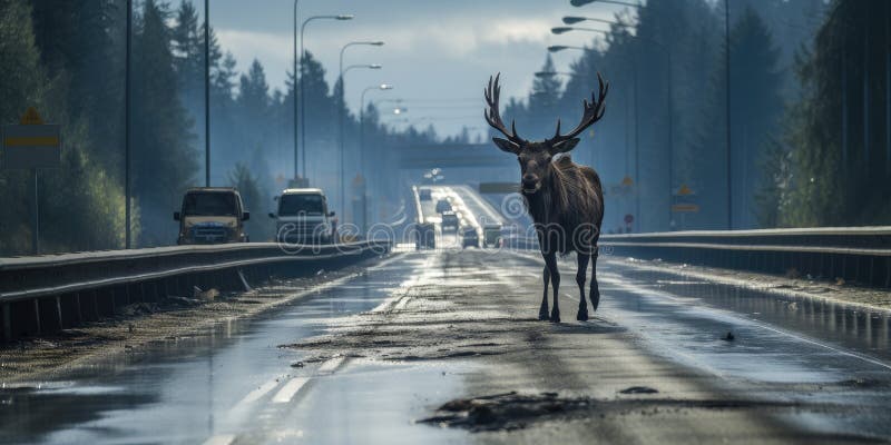 Conservation of Wild Animals. Elk Crossing the Road. Generative AI ...