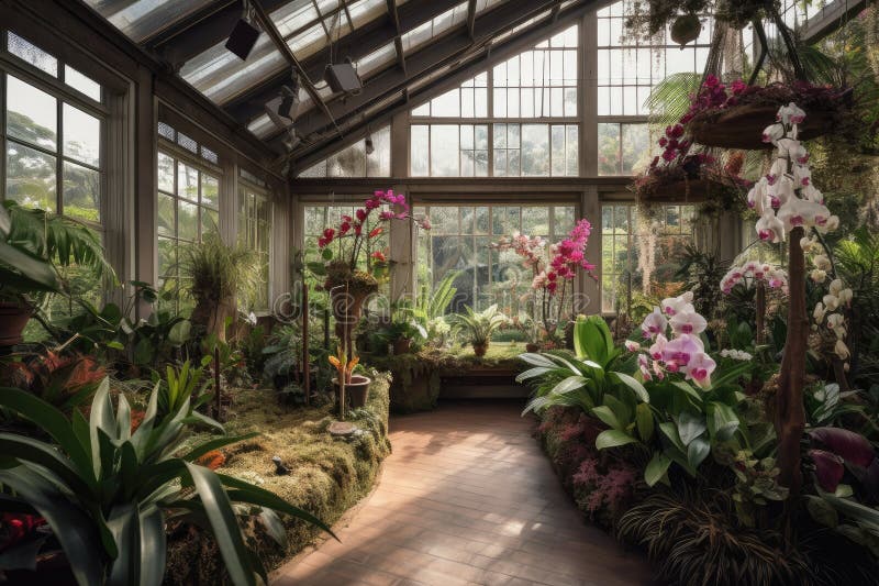 Conservatory Filled with Blooming Orchids and Bromeliads Stock Image ...