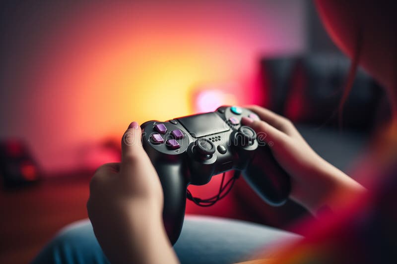 Console Game Controller in Hand. Hands Holding Wired Controller during ...