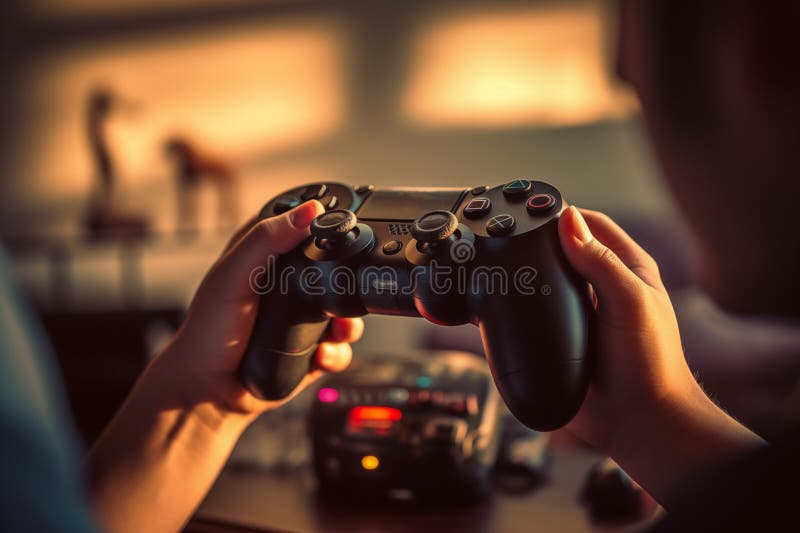 Console Game Controller in Hand. Hands Holding Wired Controller during ...