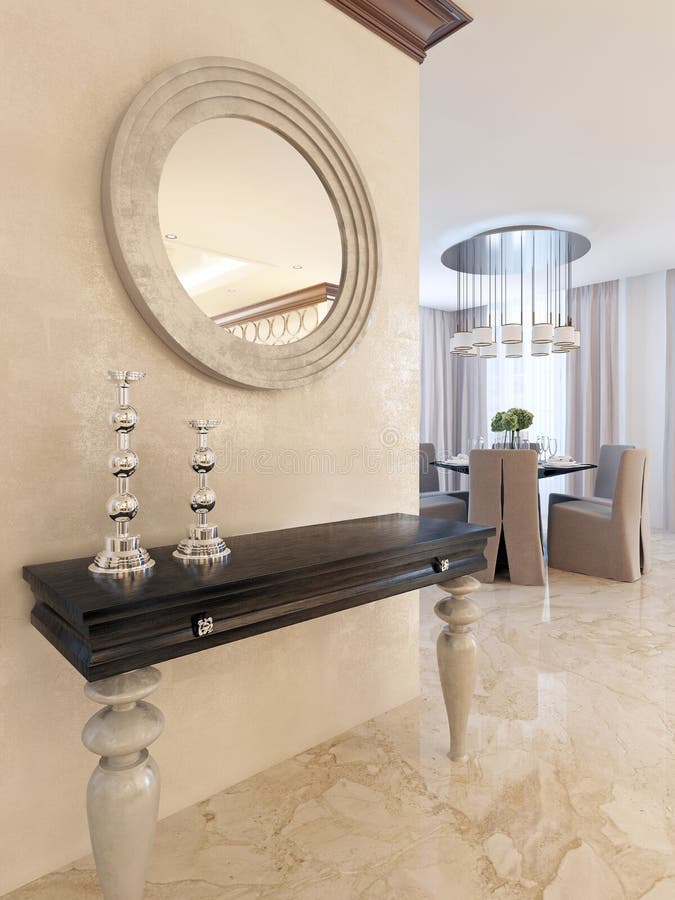 Console with Mirror on the Wall in the Dining Area, in the Style Stock ...