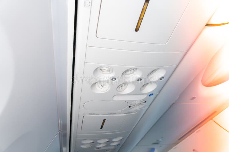 Console Panel in a Aircraft Fuselage Cabin. the Air Condition and Light ...
