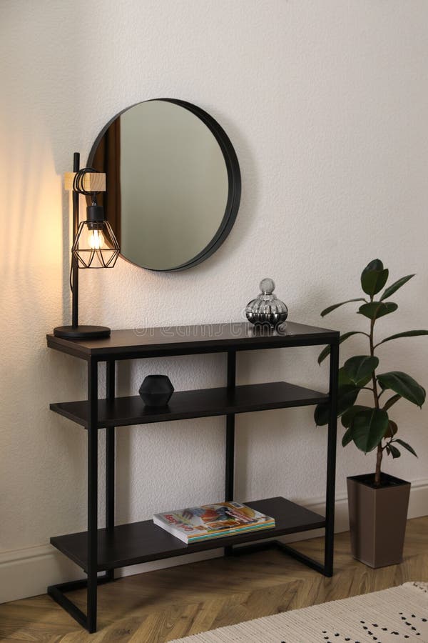 Console Table with Decor and Mirror on Wall in Hallway. Interior Design ...