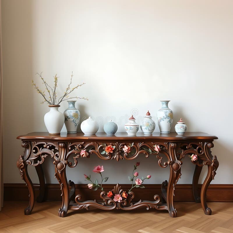 Console Table with an Intricate Floral Design Featuring a Collection of ...