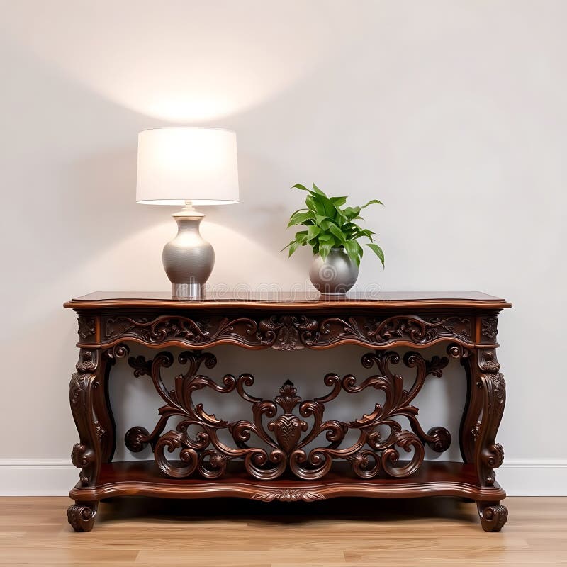 Console Table with Intricate Wood Carvings Accented with a Chic Table ...