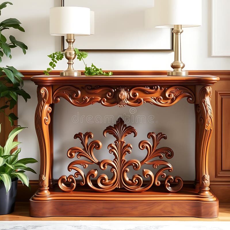 Console Table with Intricate Wood Carvings Accented with a Chic Table ...