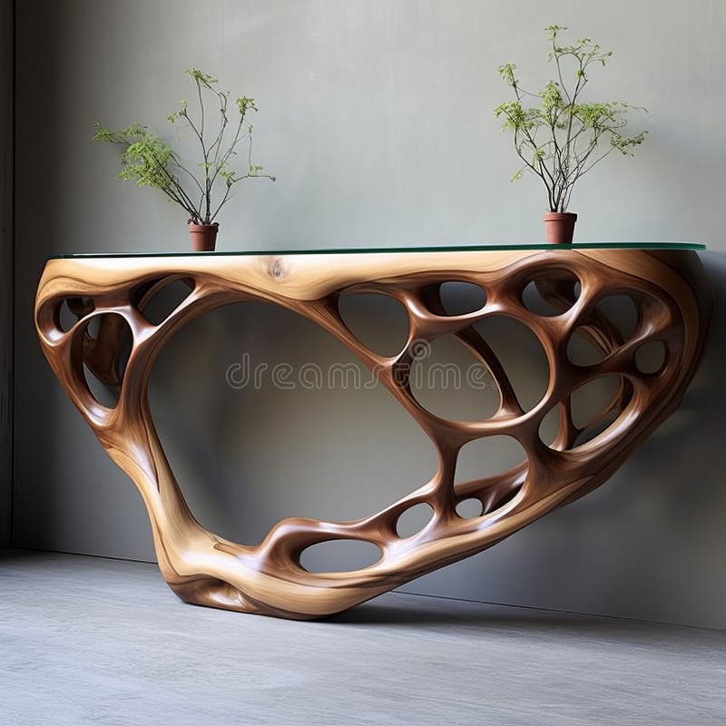 Artistic Wood and Plant Console Table with Infinity Nets Style Stock ...