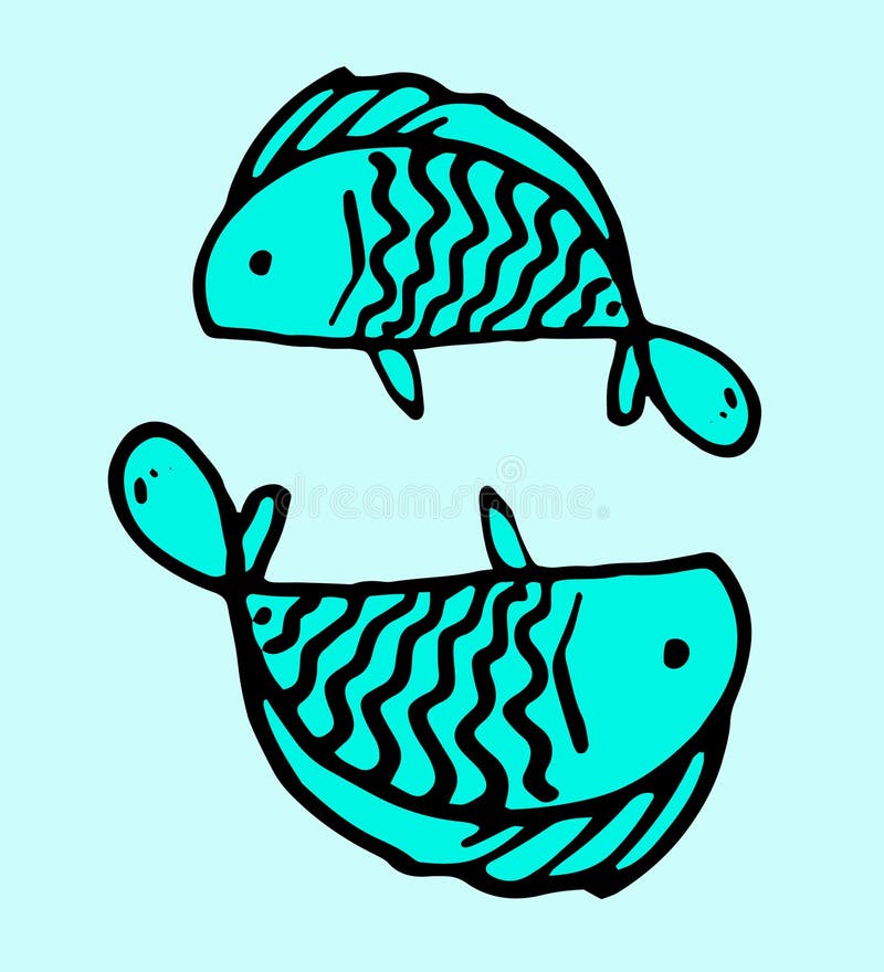 A Set of Turquoise Fish Frames. Cartoon Blue Fish Painted in Doodle ...