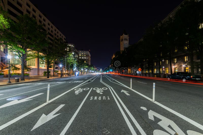 Constitution Avenue in DC at Nightime during a Long Exposure Editorial ...