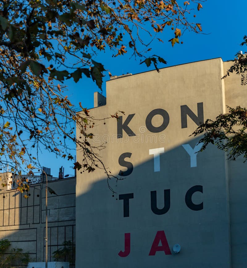 Constitution Mural in Poznan Stock Image - Image of letters, branches ...