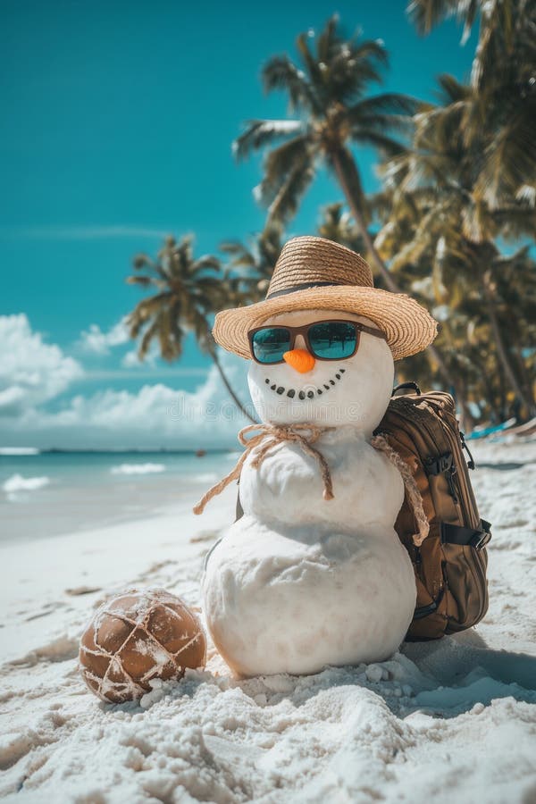 Unique Sand Snowman Wearing Glasses and a Straw Hat Enjoys the Beach ...