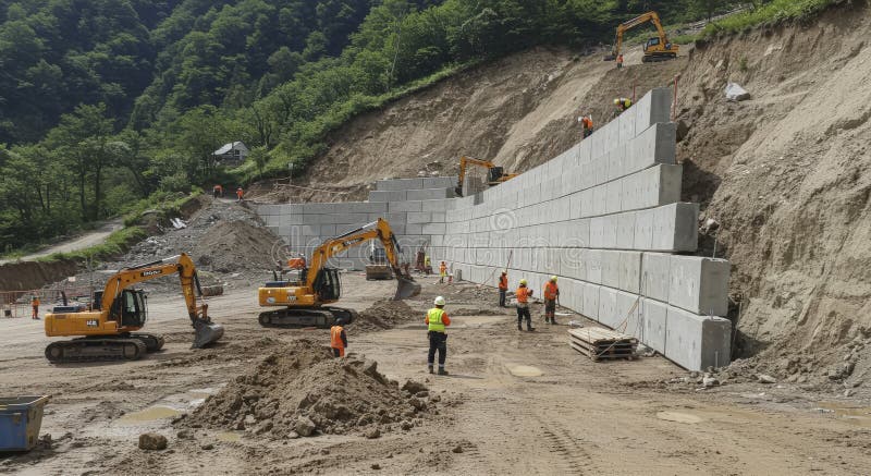 Constructing Concrete Retaining Wall with Heavy Machinery and ...