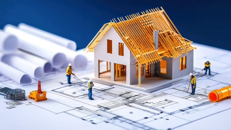 Constructing a House on Blueprints: Worker Building a Construction ...