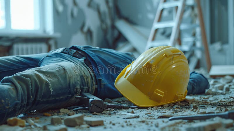 Construction Accident Scene Depicting a Fallen Worker. Dramatic ...