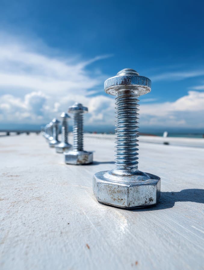 Construction Anchor Bolts Lined Up on Flat Surface Under a Bright Sky ...