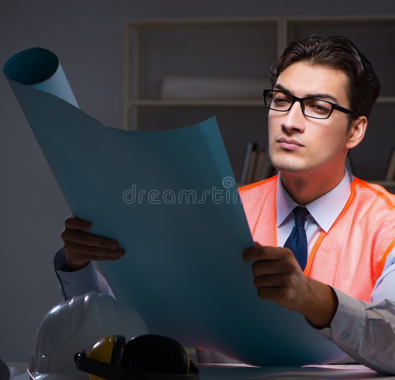 Construction Architect Working on Drawings Late at Night Stock Image ...