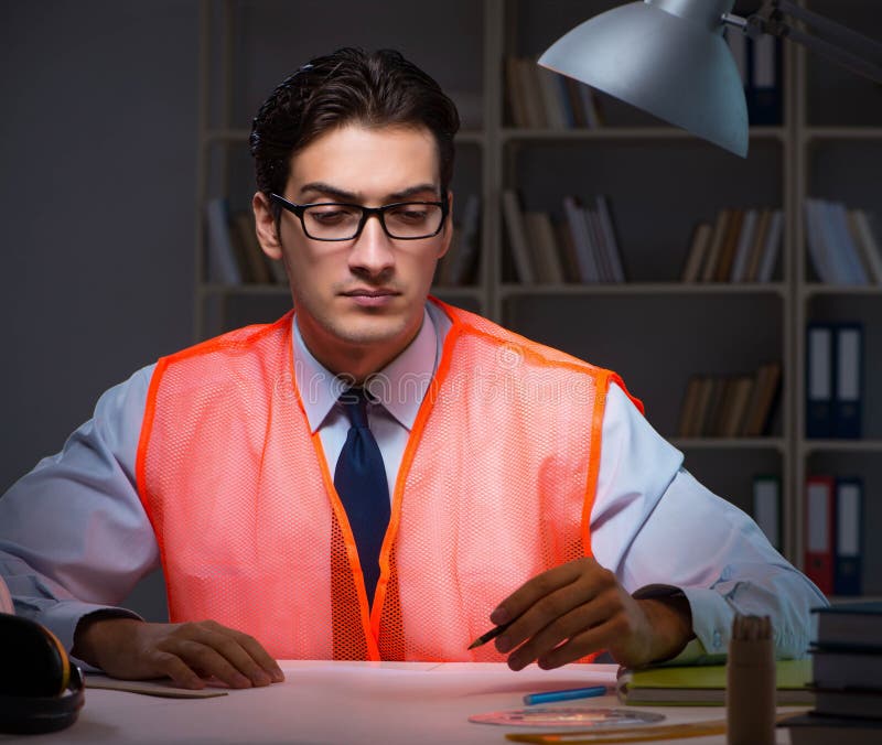 Construction Architect Working on Drawings Late at Night Stock Image ...