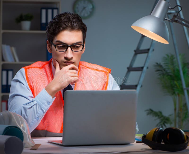 Construction Architect Working on Drawings Late at Night Stock Image ...