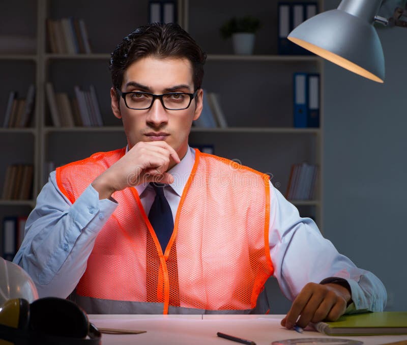 Construction Architect Working on Drawings Late at Night Stock Image ...
