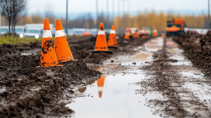 Construction Area Featuring Orange Traffic Cones and Muddy Conditions ...