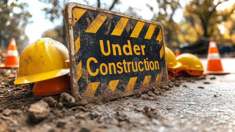 Construction Area Marked by Caution Signs and Safety Helmets beside the ...