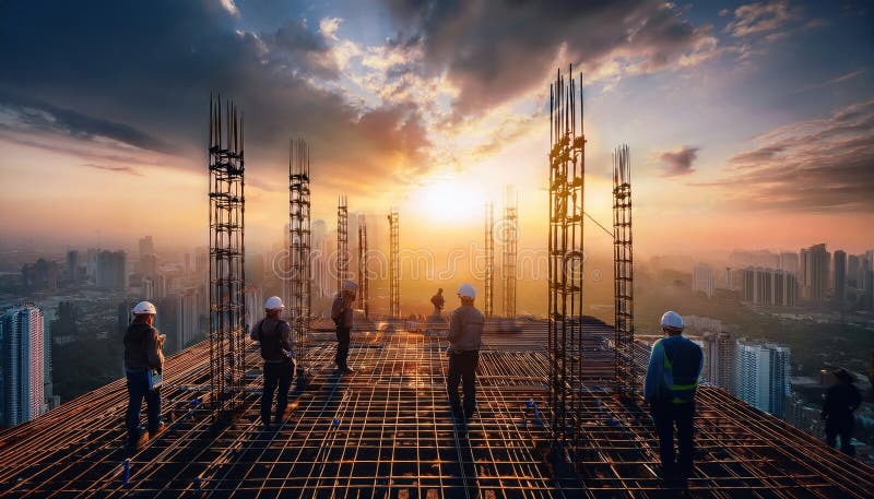 Construction Workers Collaborate at Sunset in Stock Image - Image of ...