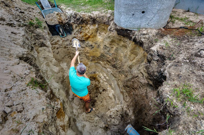 Construction of an Autonomous Sewerage System, Excavation of Pit. Stock ...