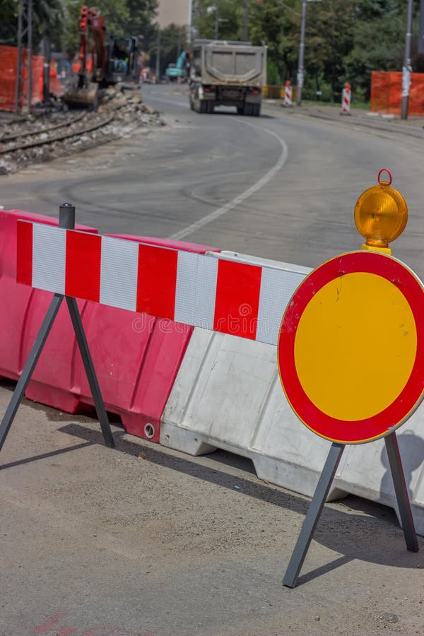Construction Barrier Sign with Yellow Warning Light 3 Stock Photo ...