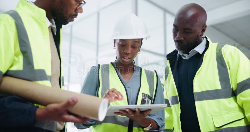 Construction, Black People and Tablet with Planning and Civil ...